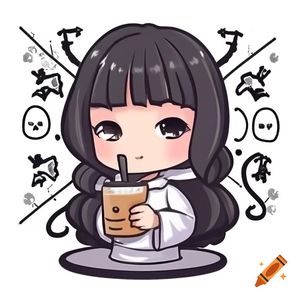 Chibi anime woman with occult symbols enjoying coffee on Craiyon