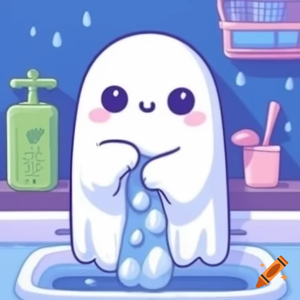 Cute ghost washing dishes in blue and pink pastel colors on Craiyon