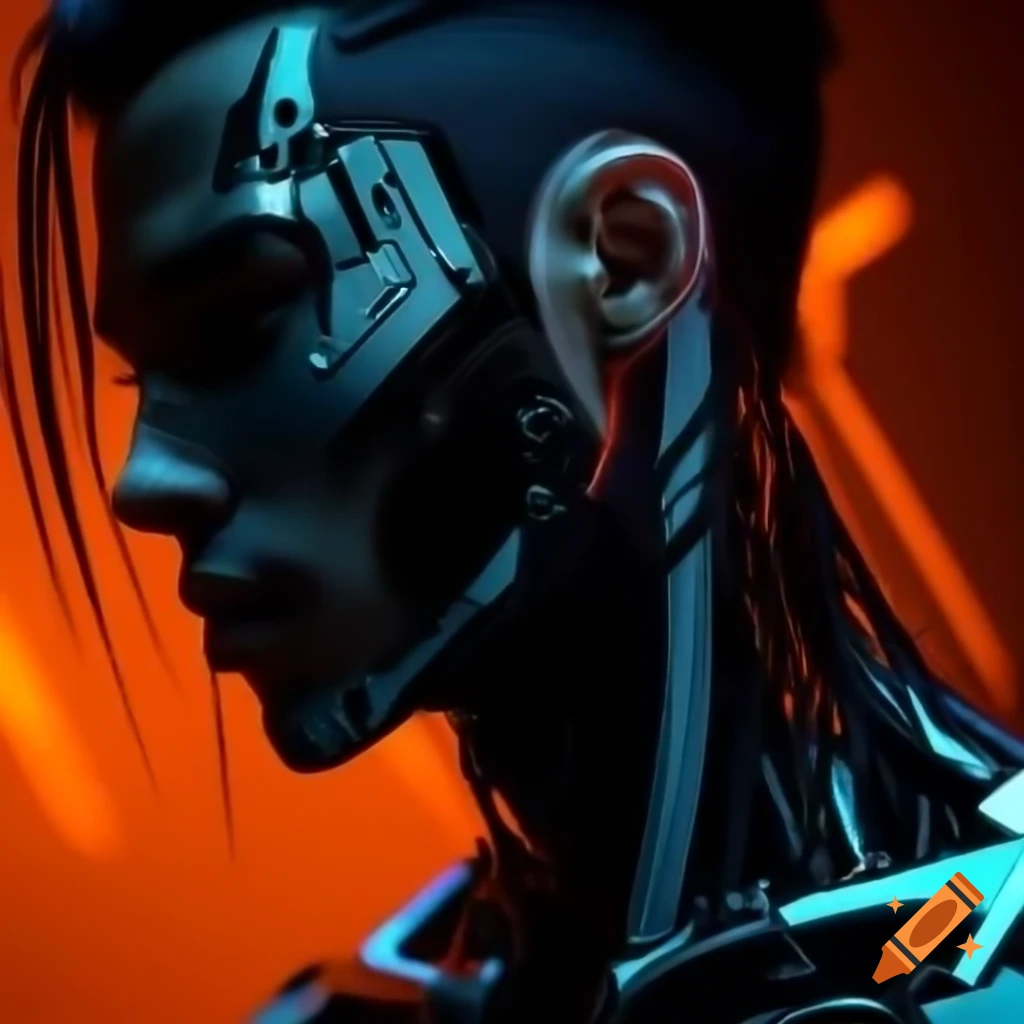 Closeup of androgynous male cyber operative with black and orange hair ...