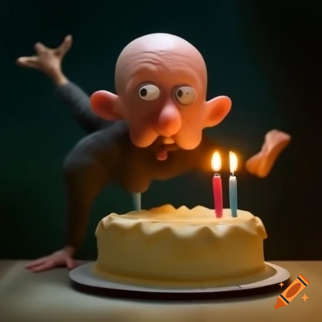 Bald man with moustache breakdancing on birthday cake with 40 candle on ...