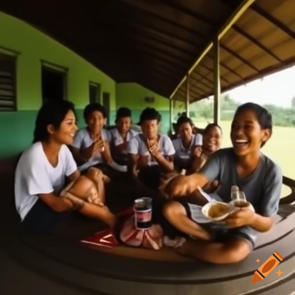 Filipino college friends laughing on veranda enjoying tusok tusok and ...
