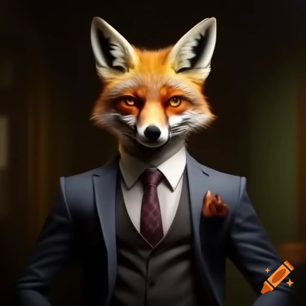 Athletic male anthropomorphic fox character in a suit on Craiyon