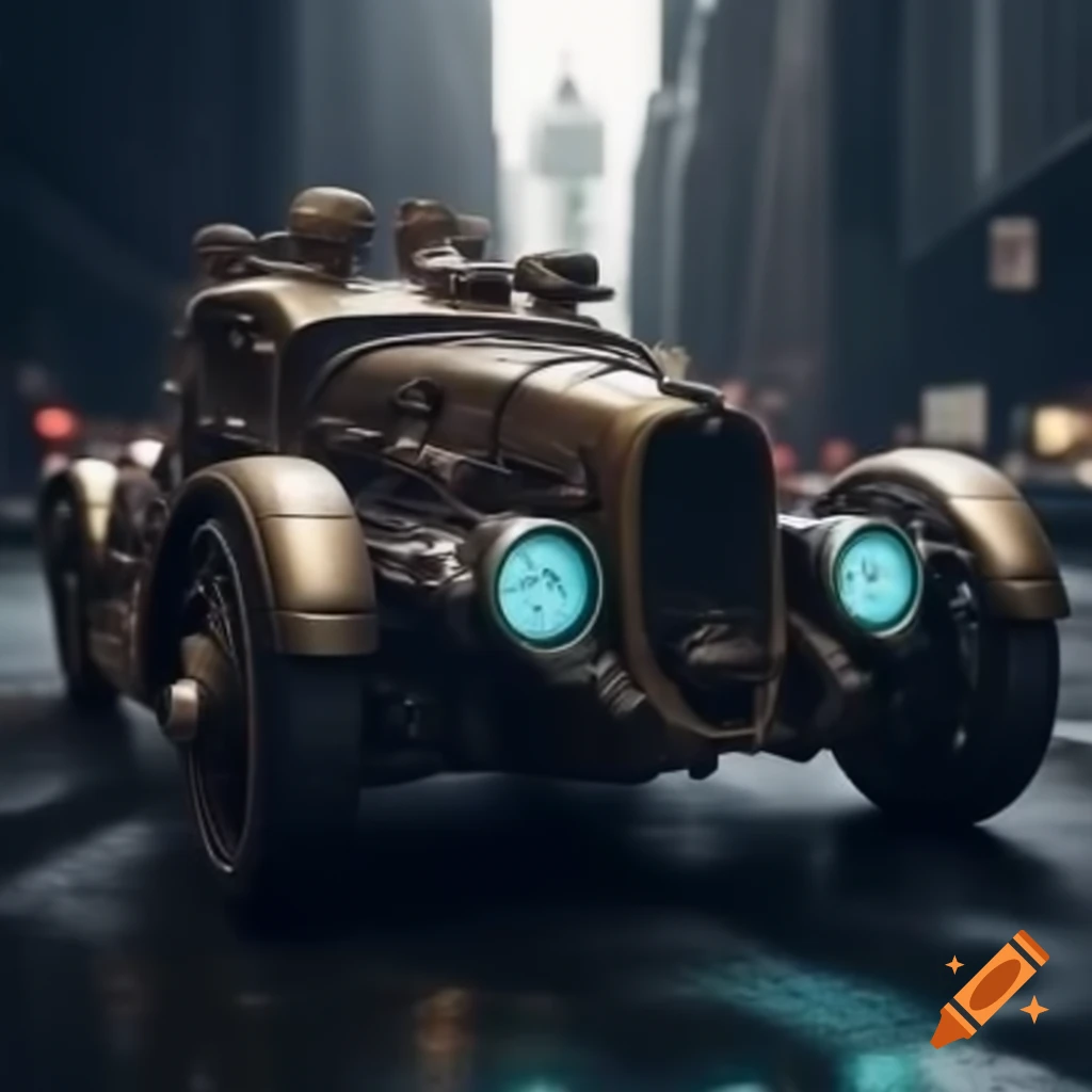 Futuristic steampunk robotic car with electronic lights in foggy New ...