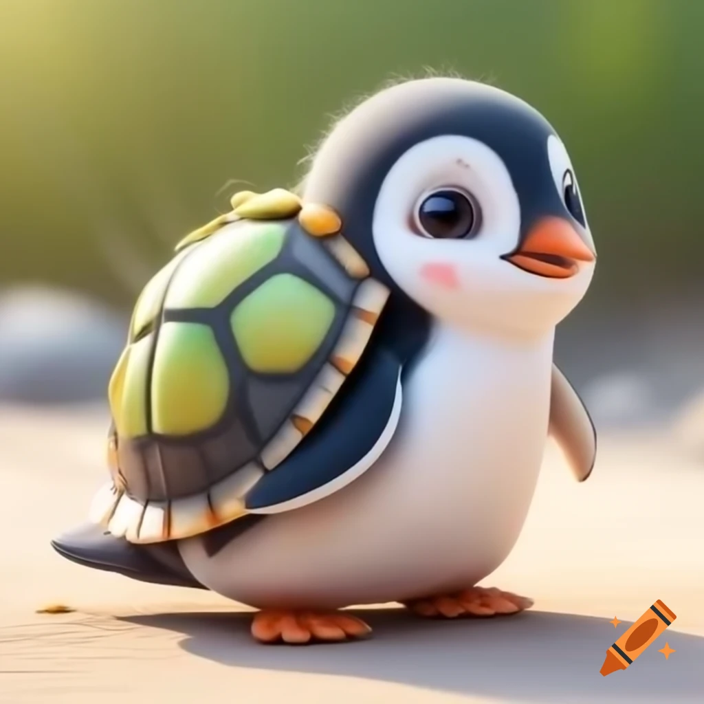 Cute penguin wearing turtle shell, realistic cartoon style on Craiyon
