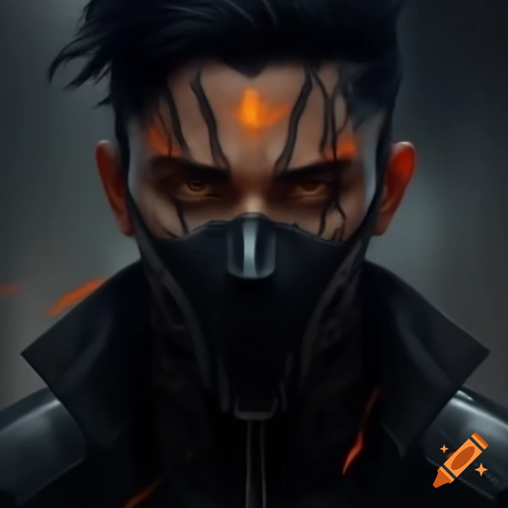 Androgynous male cyber operative with black and orange hair, wearing a ...