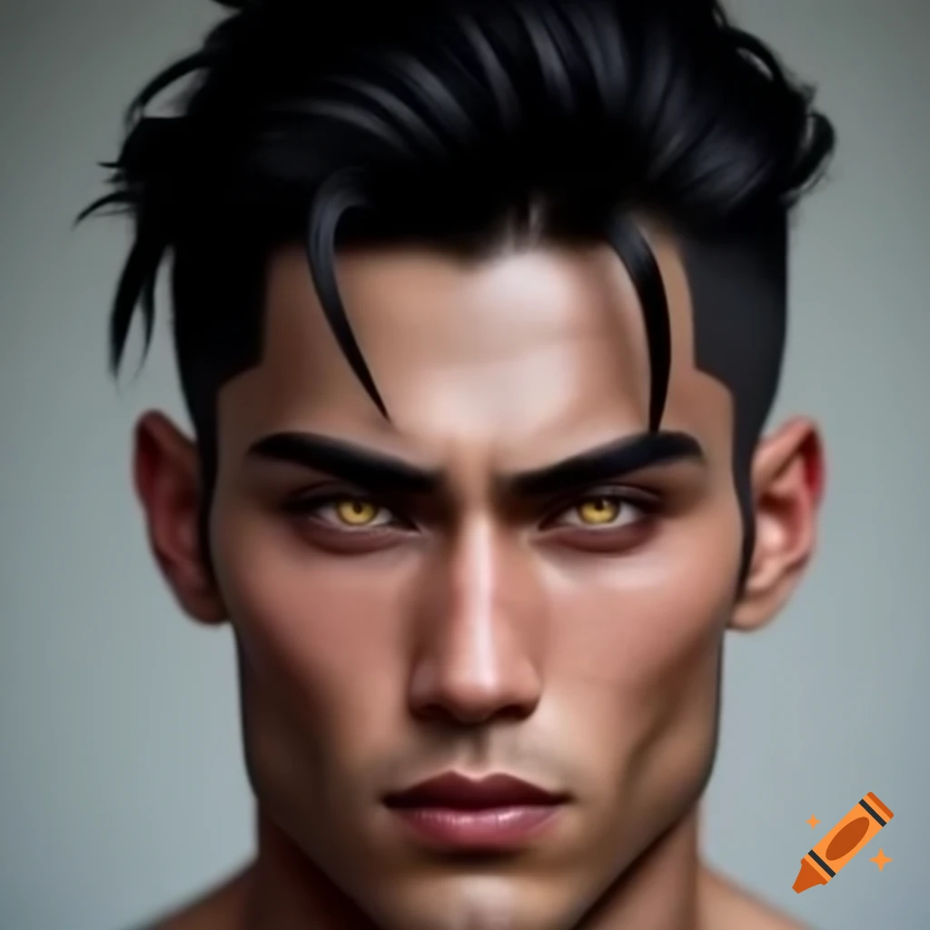 Handsome man with black side-part hairstyle, gold eyes, fair skin, and ...