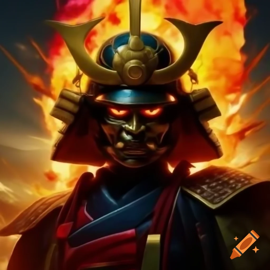 Closeup of golden samurai helmet with vibrant neon and alien-inspired ...