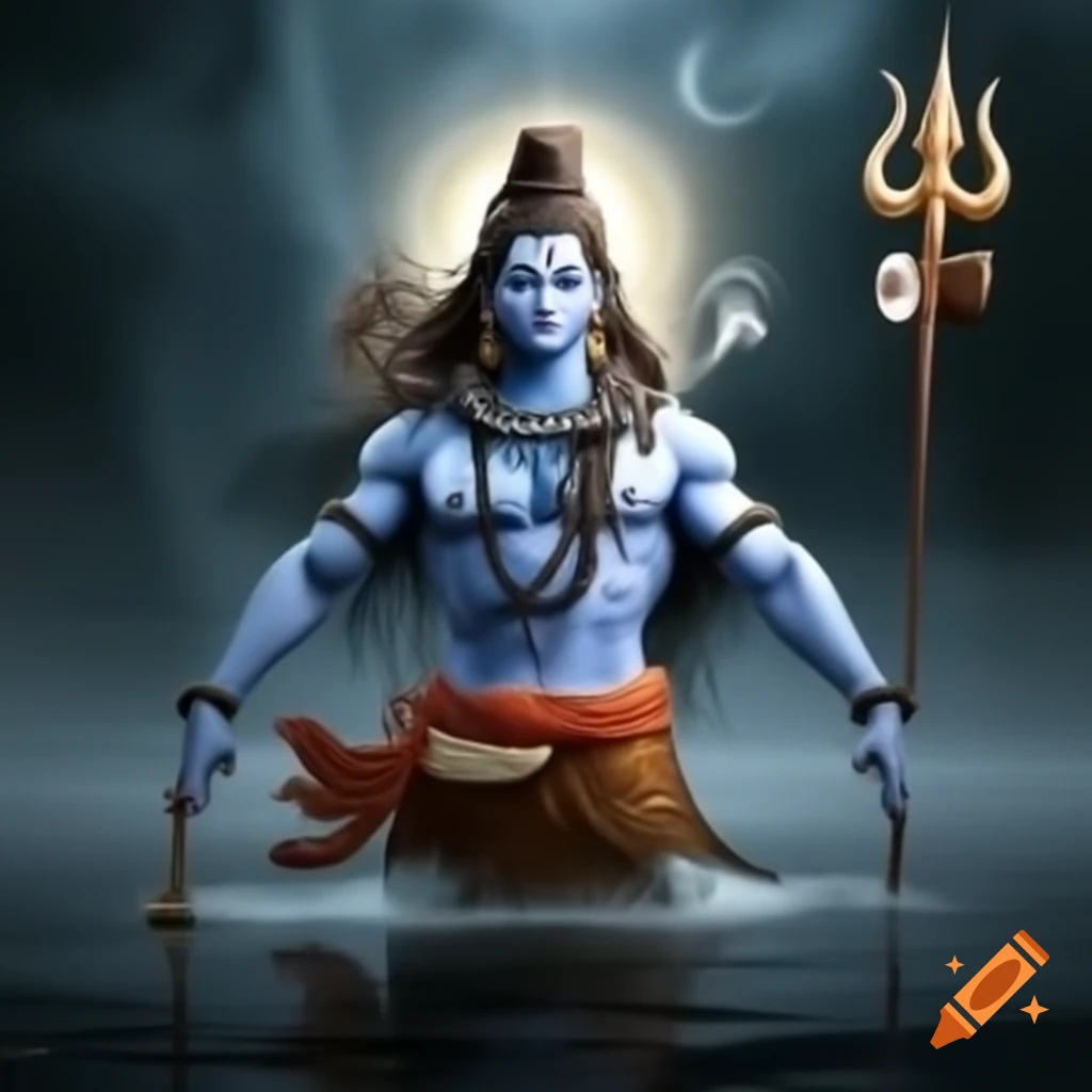 Mahadev holding trishul while walking on water on Craiyon