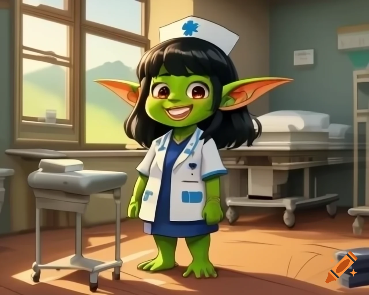 Cheerful green-skinned goblin girl nurse in rural hospital on Craiyon