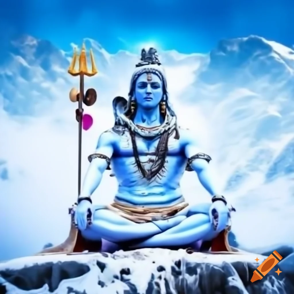 White Shiva meditating in snowy mountains with blue throat and trident on Craiyon
