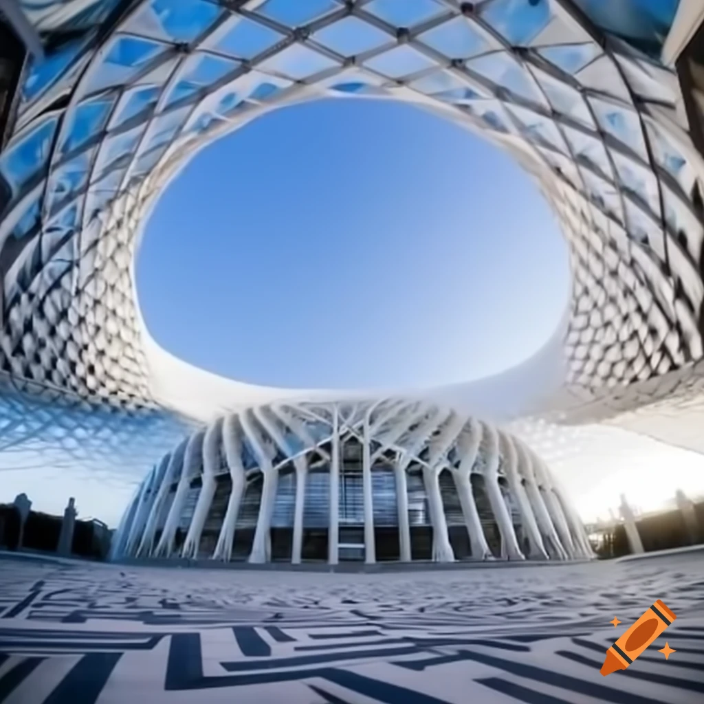 Futuristic dome building with mosaic walls under bright blue sky on Craiyon