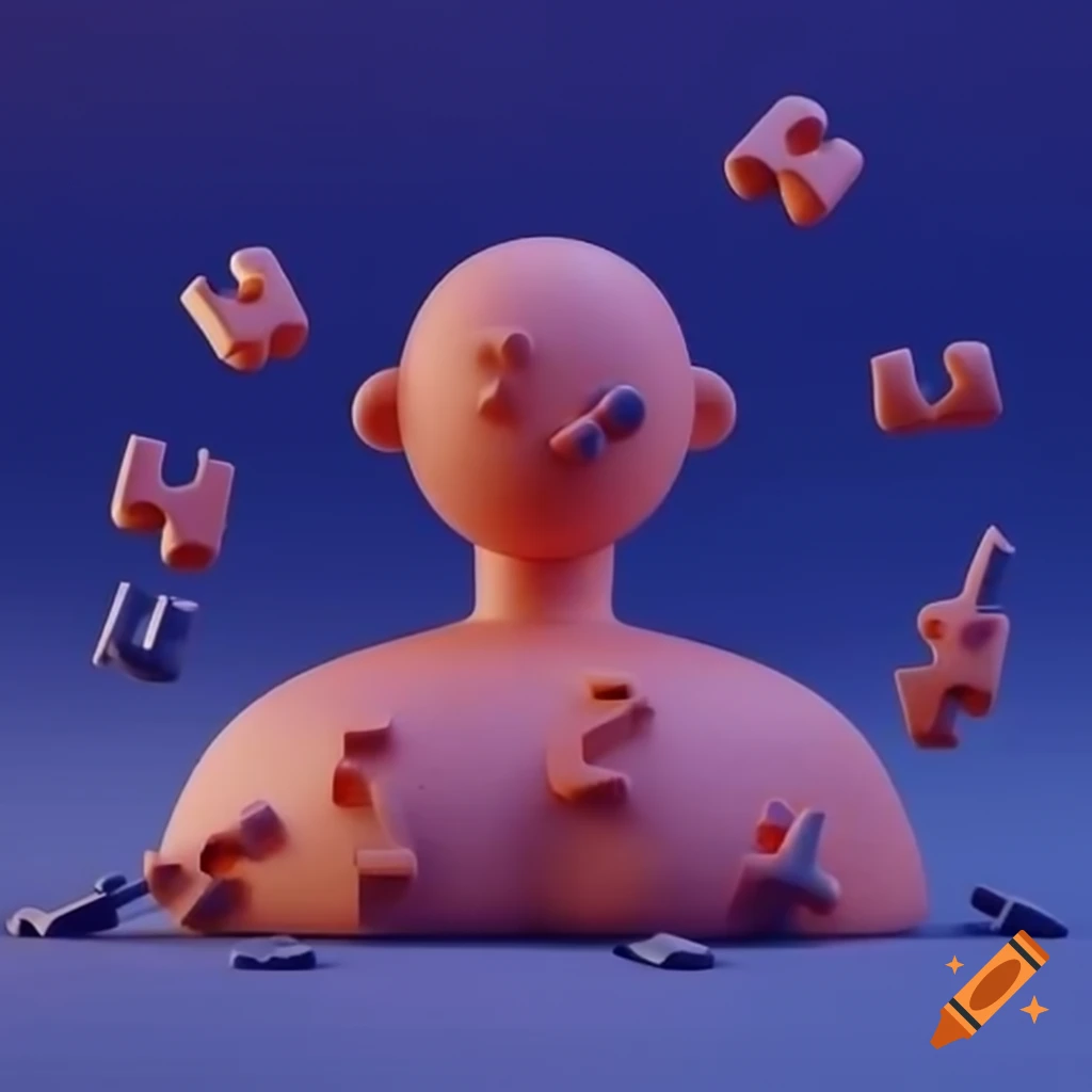Stylized human figure composed of scattered puzzle pieces on Craiyon