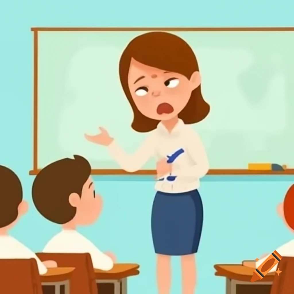 Cartoon of a tired teacher explaining instructions to students on Craiyon