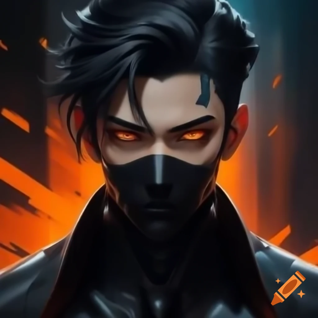 Closeup of androgynous male cyber operative with black and orange hair ...
