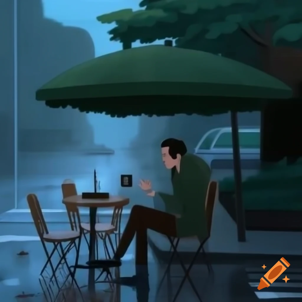 Man at roadside cafe table sipping coffee in rain, comic style on Craiyon