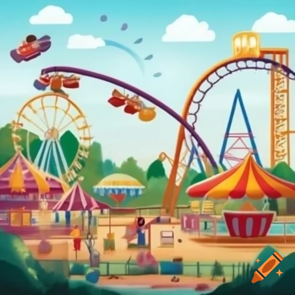 Amusement park filled with thrilling rides and children enjoying the attractions on Craiyon
