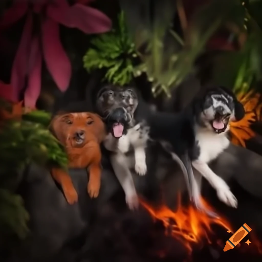 Foreboding jungle at twilight with packs of dogs and colorful foliage ...