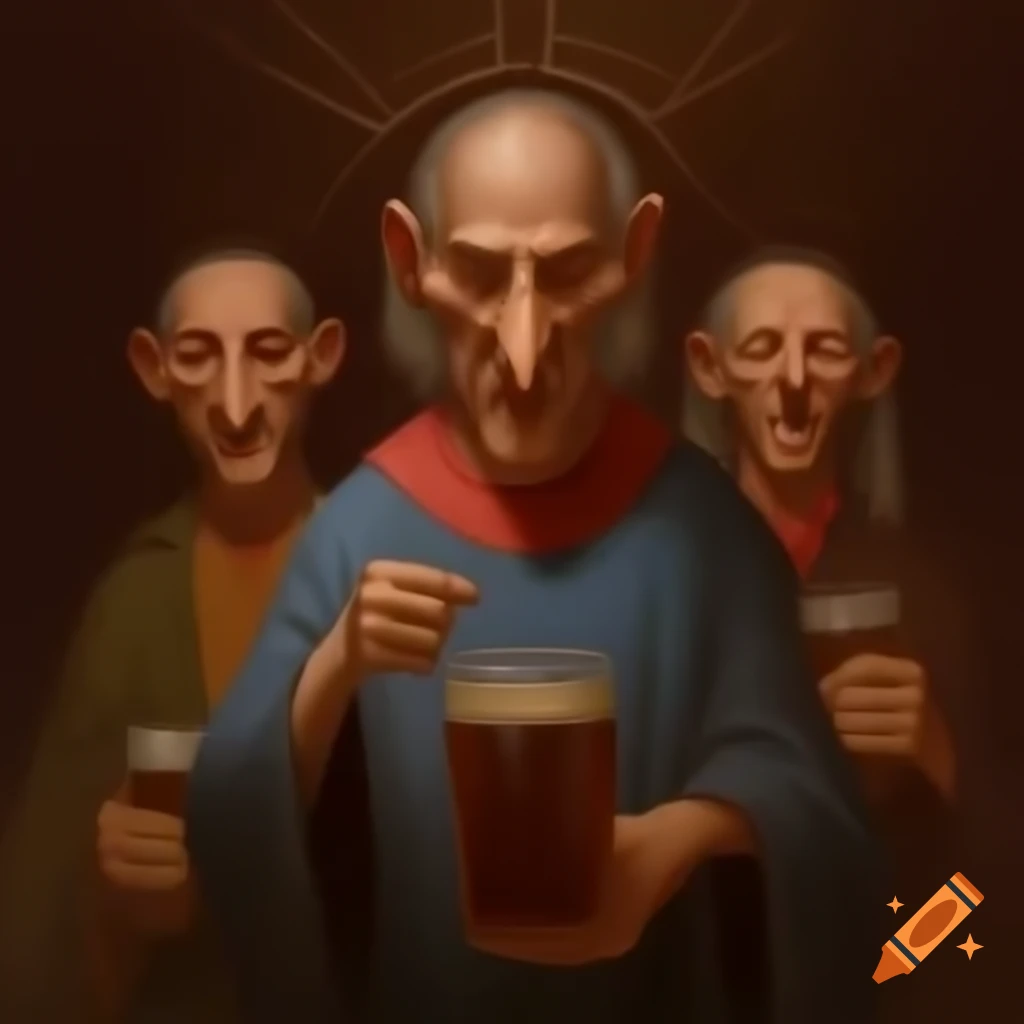 Two friends enjoying beer in a surreal art style, depicting happiness ...