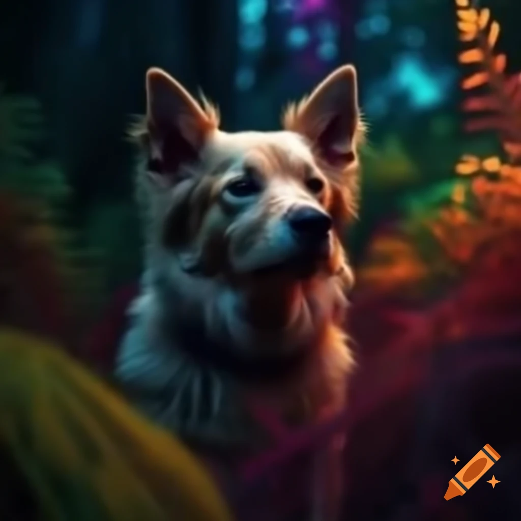 Mysterious jungle campfire scene with vivid foliage and dogs on Craiyon