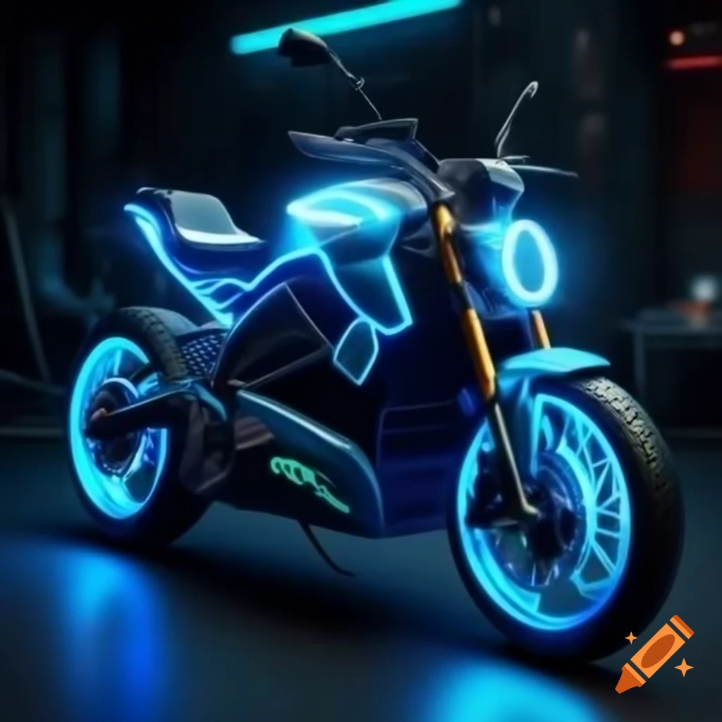 Custom-built electric motorcycle in vibrant neon-blue color with ...