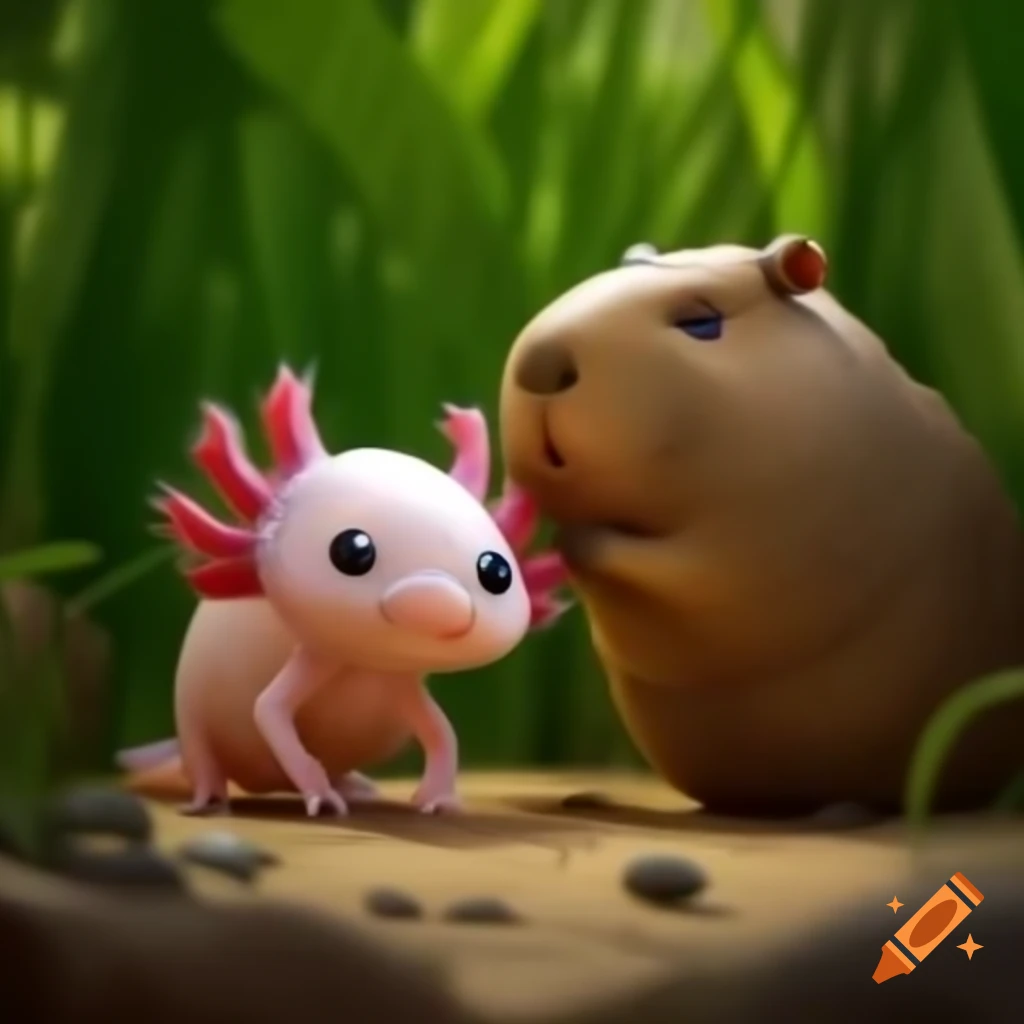 Axolotl and capybara as close friends in magical oasis on Craiyon