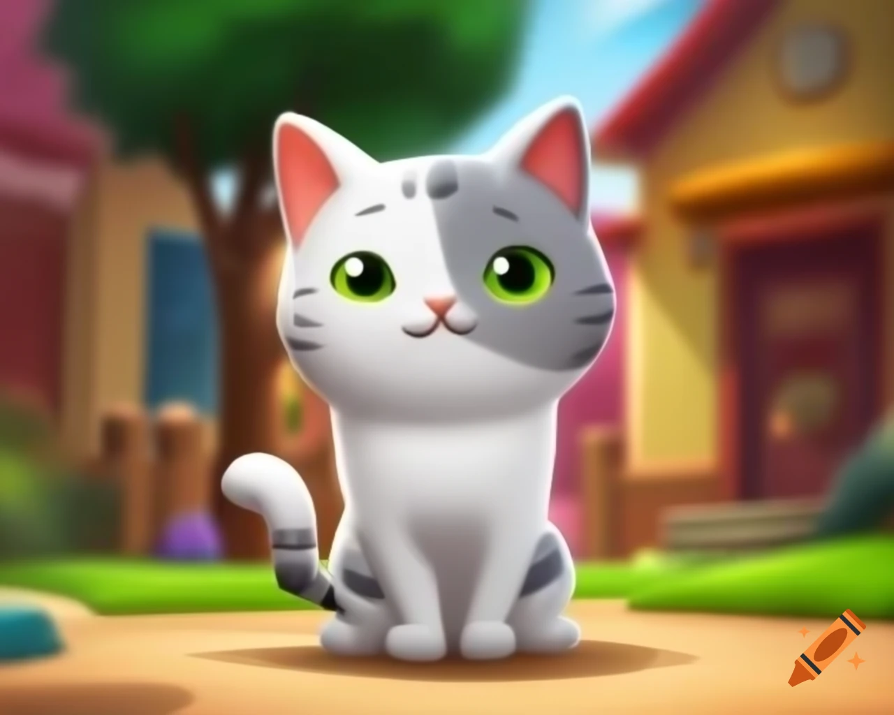 Cute white cat with gray spots and green eyes in colorful neighborhood ...