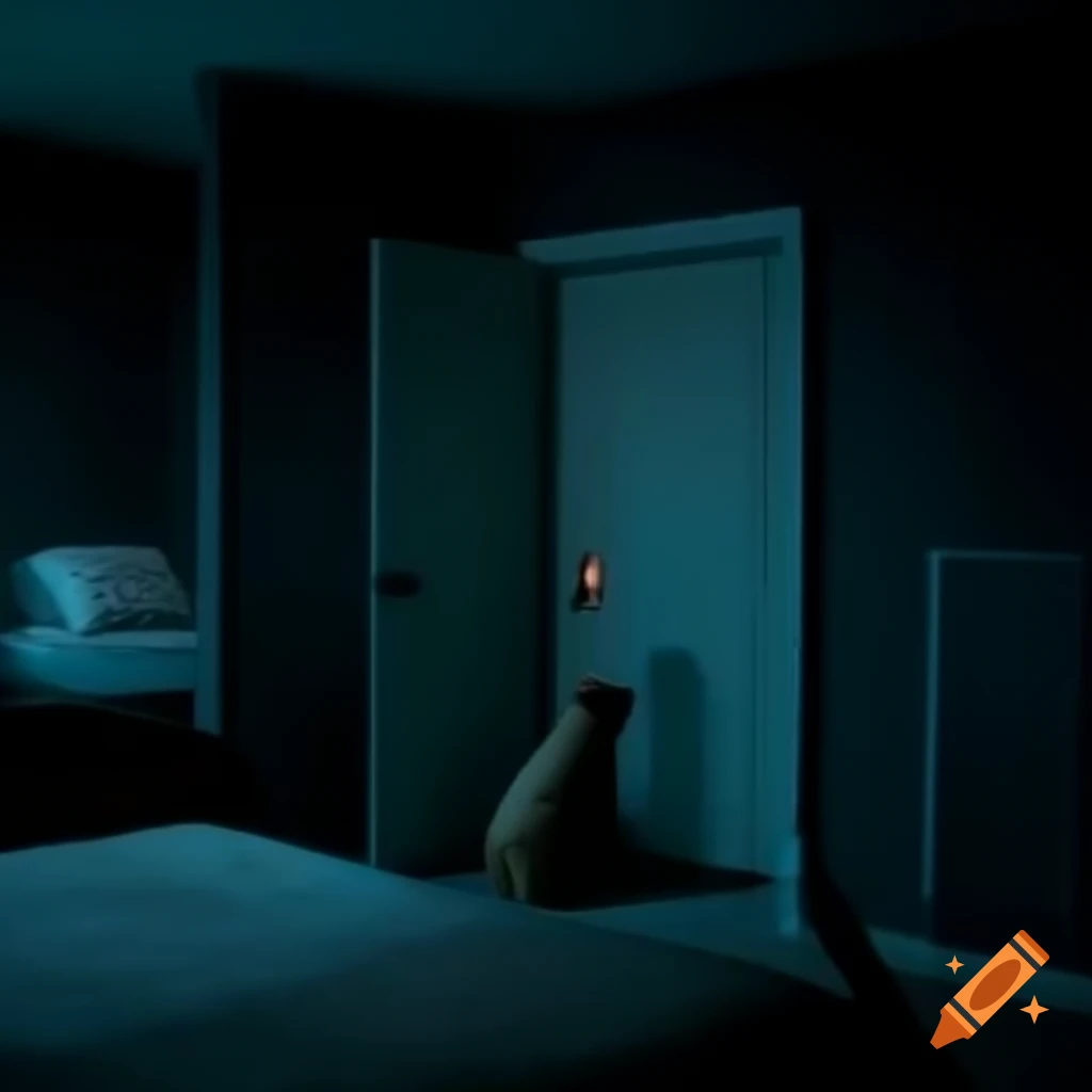 Dog standing silently in dark bedroom with eerie shadows, cinematic ...