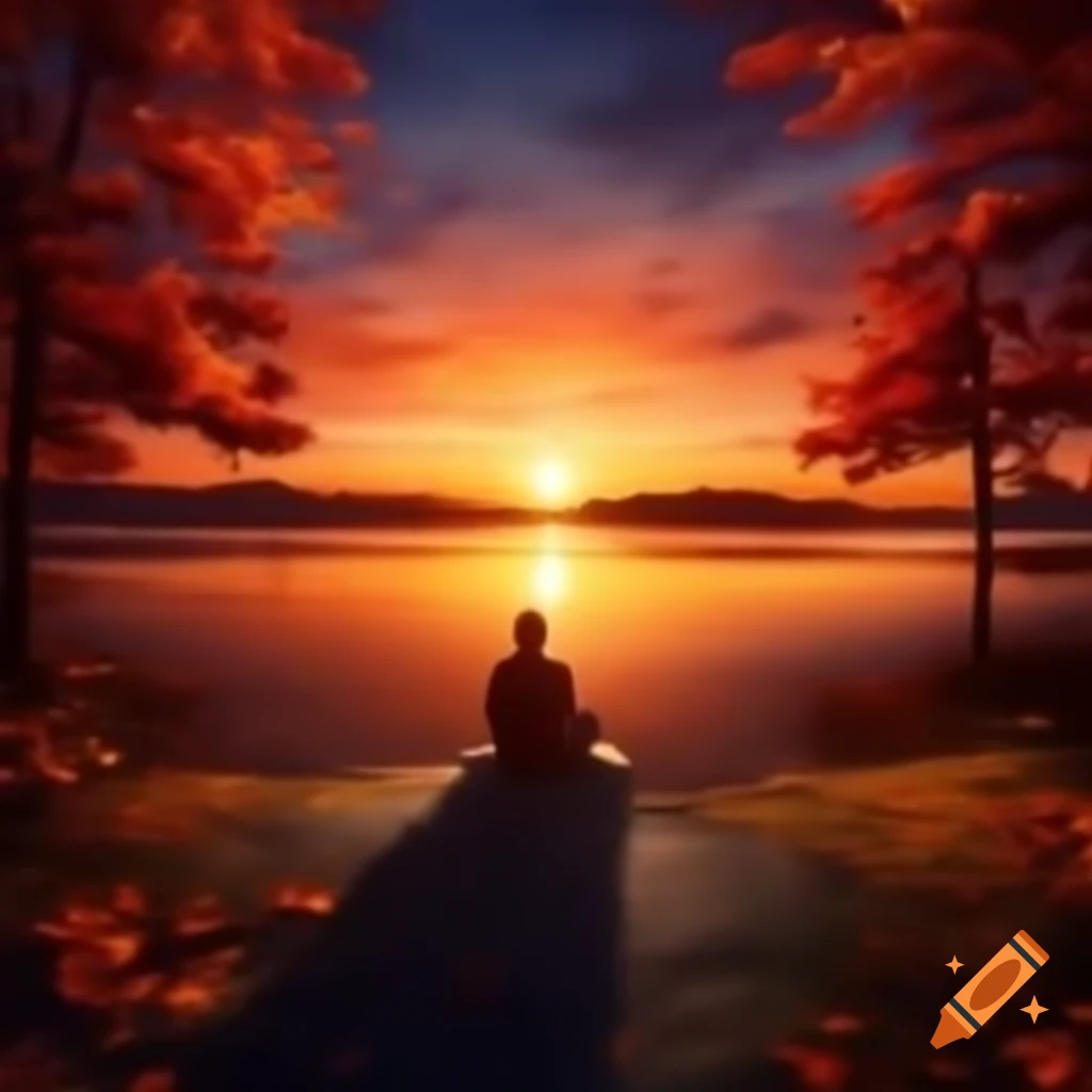 Peaceful autumn landscape at sunset with lake reflecting orange-red sky and colorful trees on ...