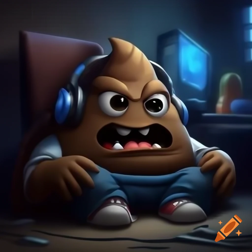 Cartoon character with poop emoji head sitting in front of glowing TV ...