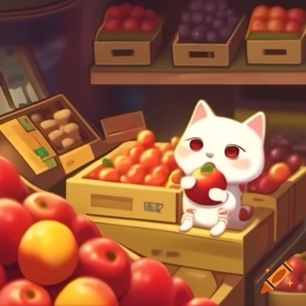 Anime white cat with big eyes carrying red apples in cozy fruit shop on ...