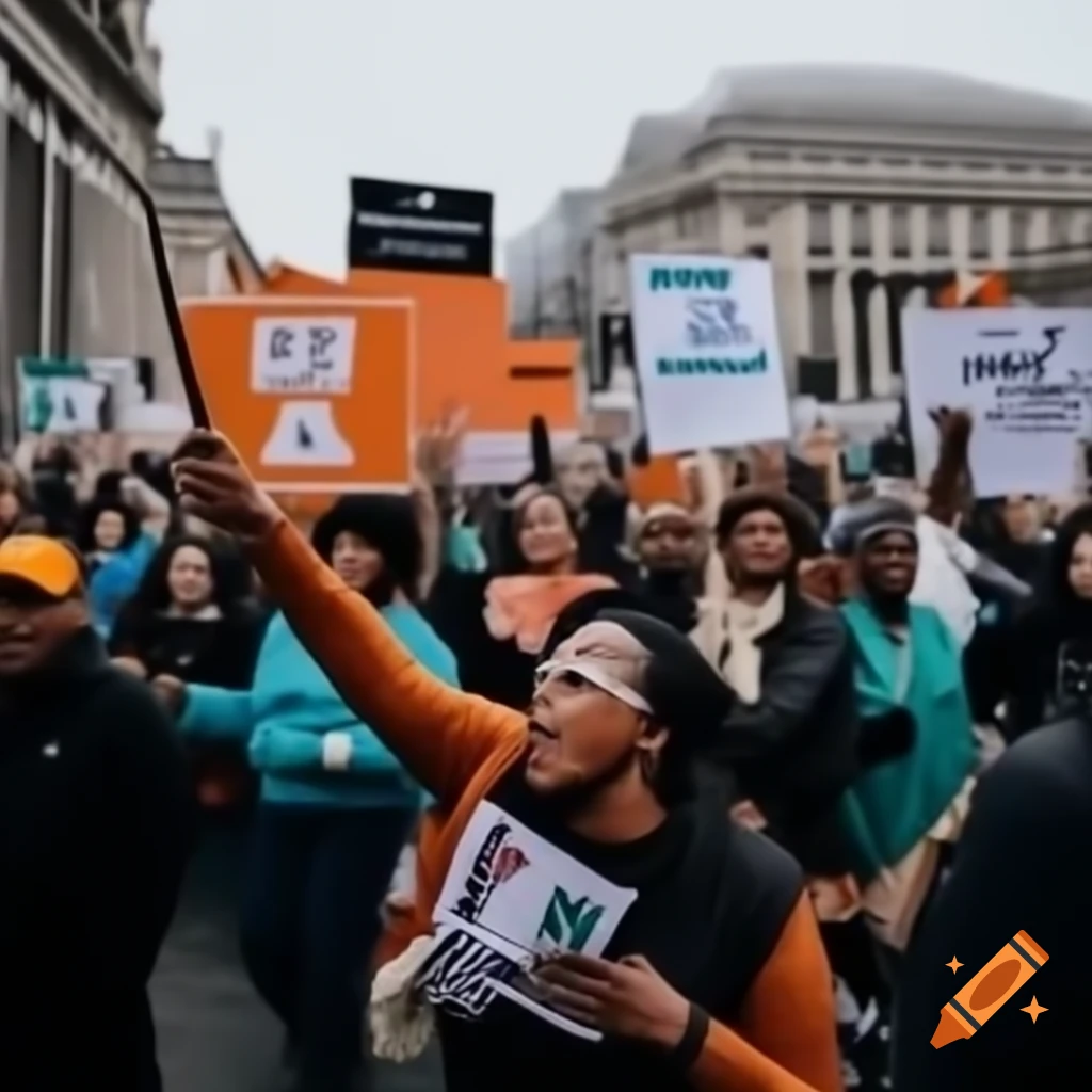 Bustling protest with participants holding banners for progressive ...