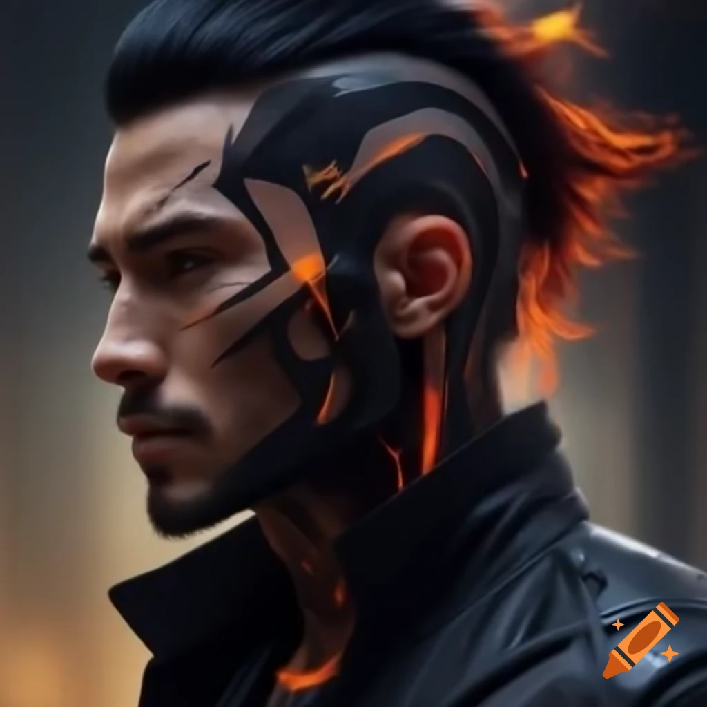 Androgynous male cyber operative with black and orange hair, face ...