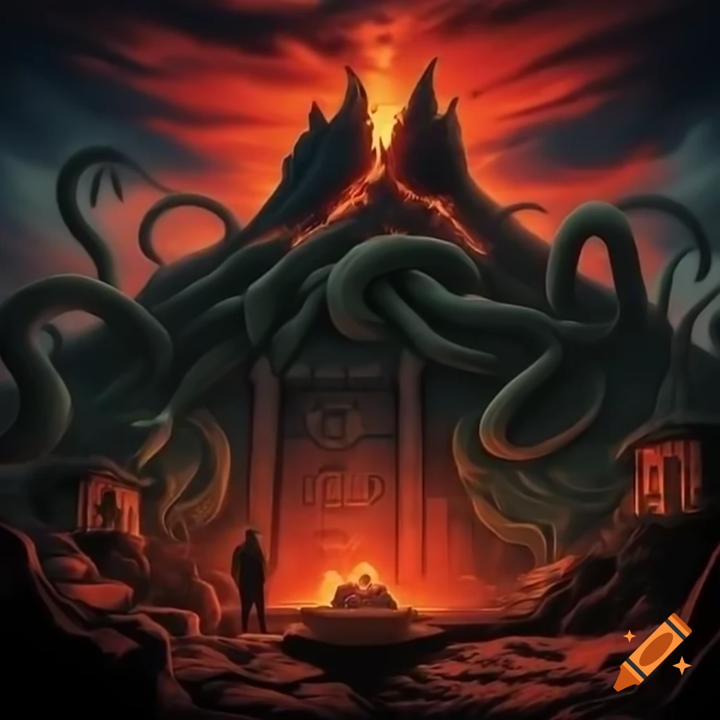 Vintage pulp horror book cover illustration with giant volcano and ...