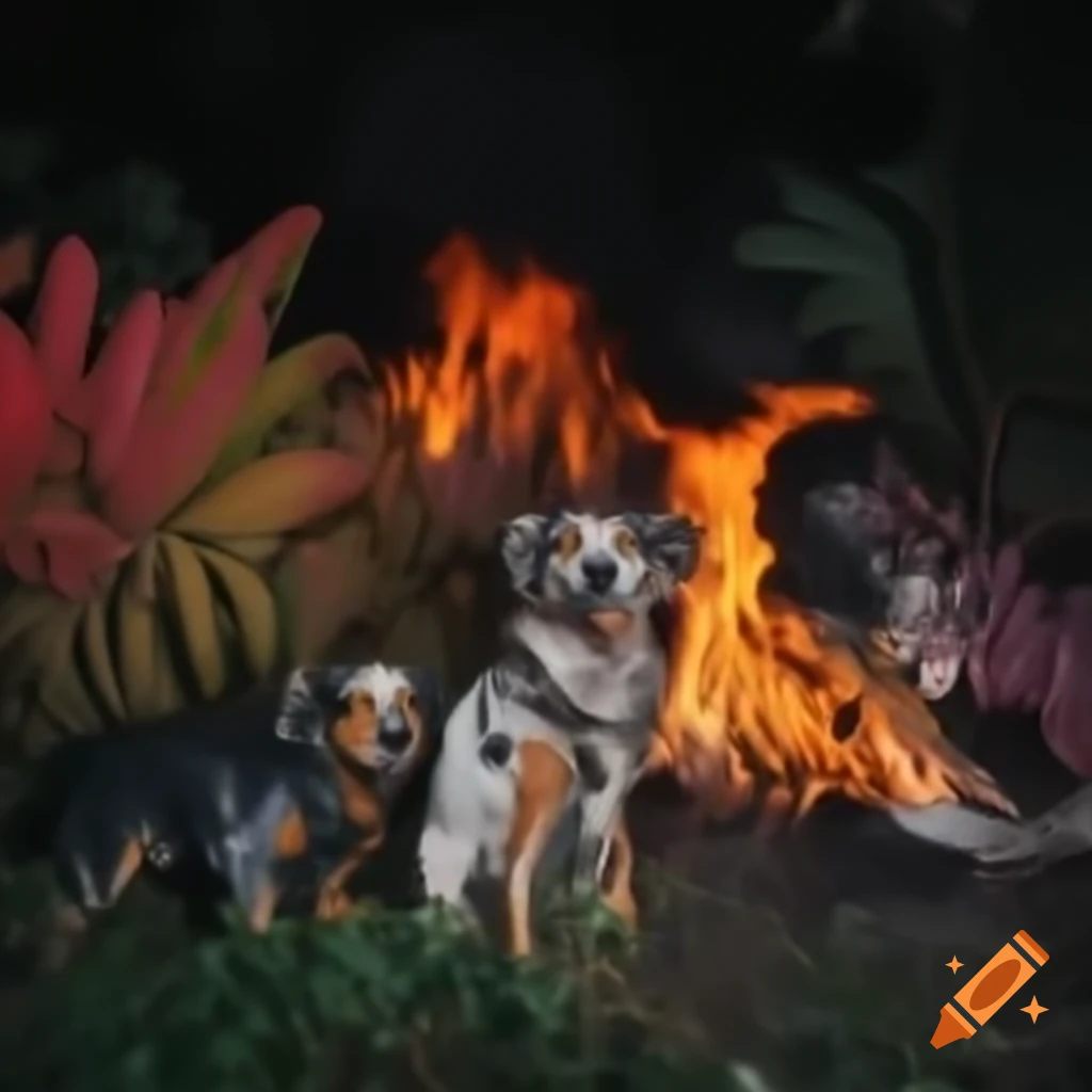 Foreboding jungle at twilight with packs of dogs and colorful foliage ...