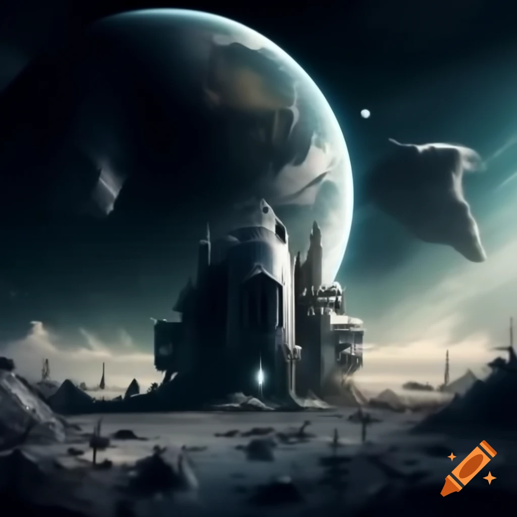 Abandoned military base on alien planet with moons and spaceship on Craiyon