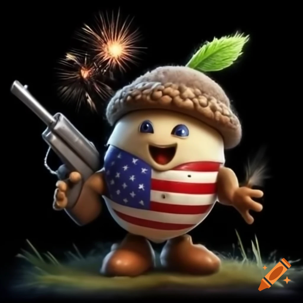 Acorn dressed in American flag holding a gun and fireworks on Craiyon