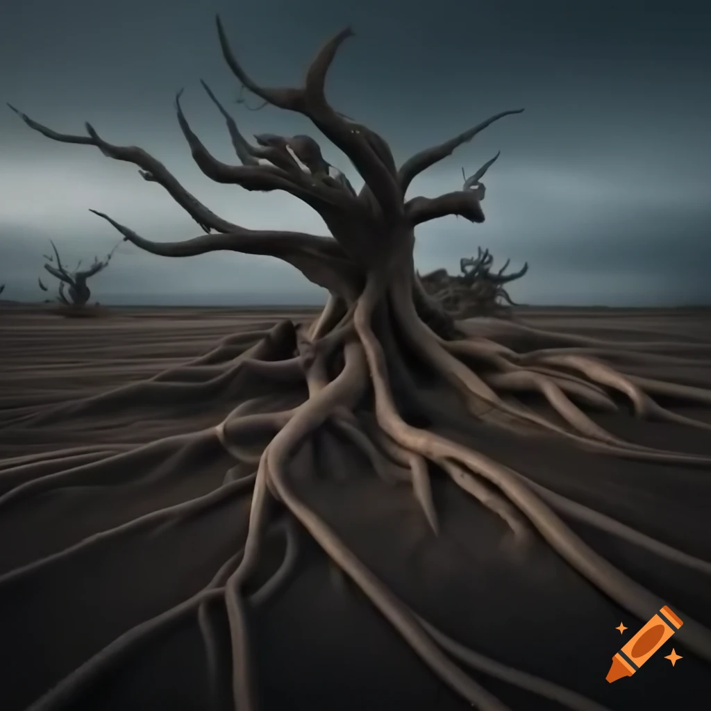 Twisted branches and roots of a cursed tree against a dark sky on Craiyon