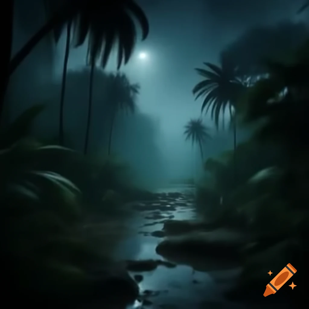 Foreboding night jungle at twilight with surreal elements on Craiyon