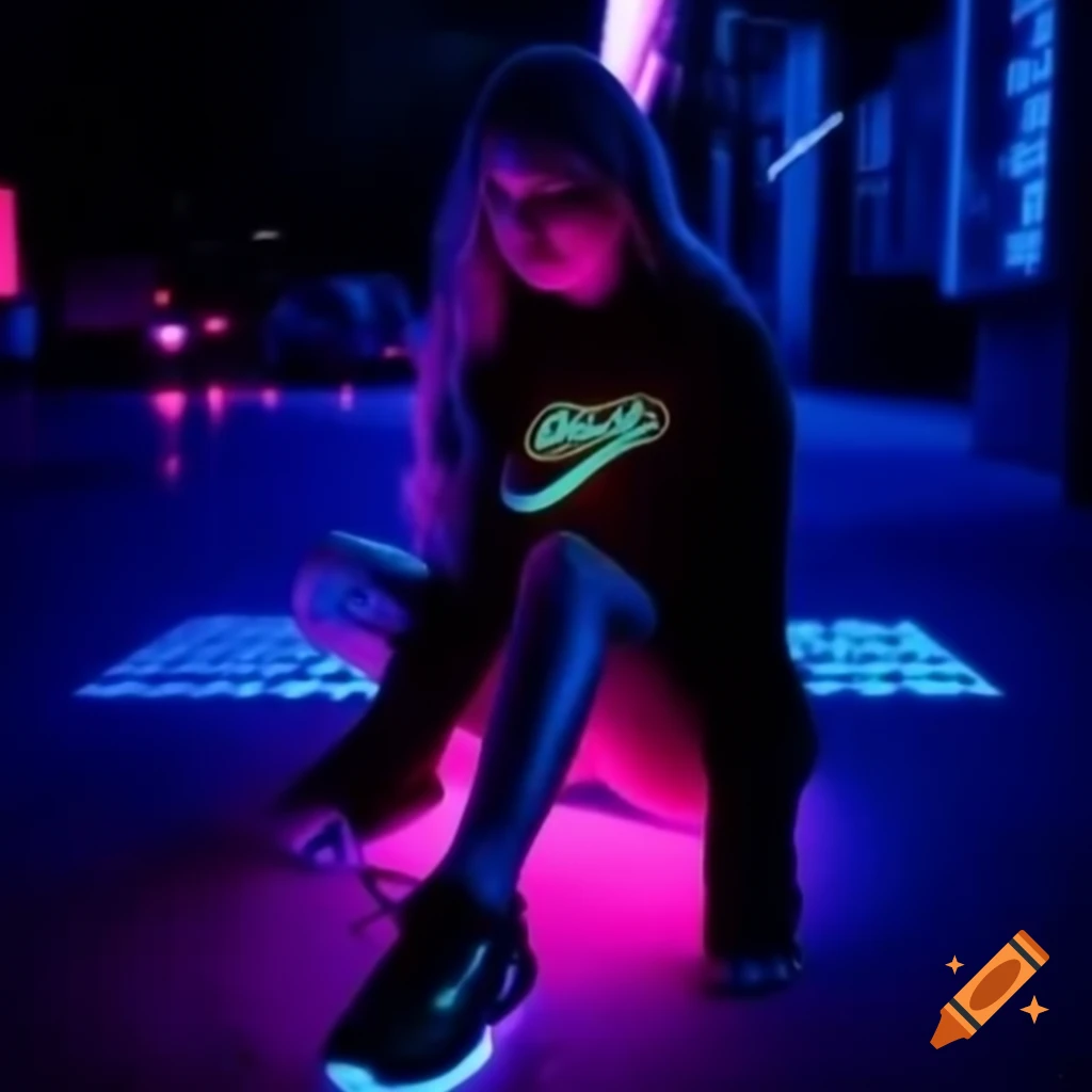 Brunette woman with sharp stare and smirk, wearing red Nike mids on Craiyon