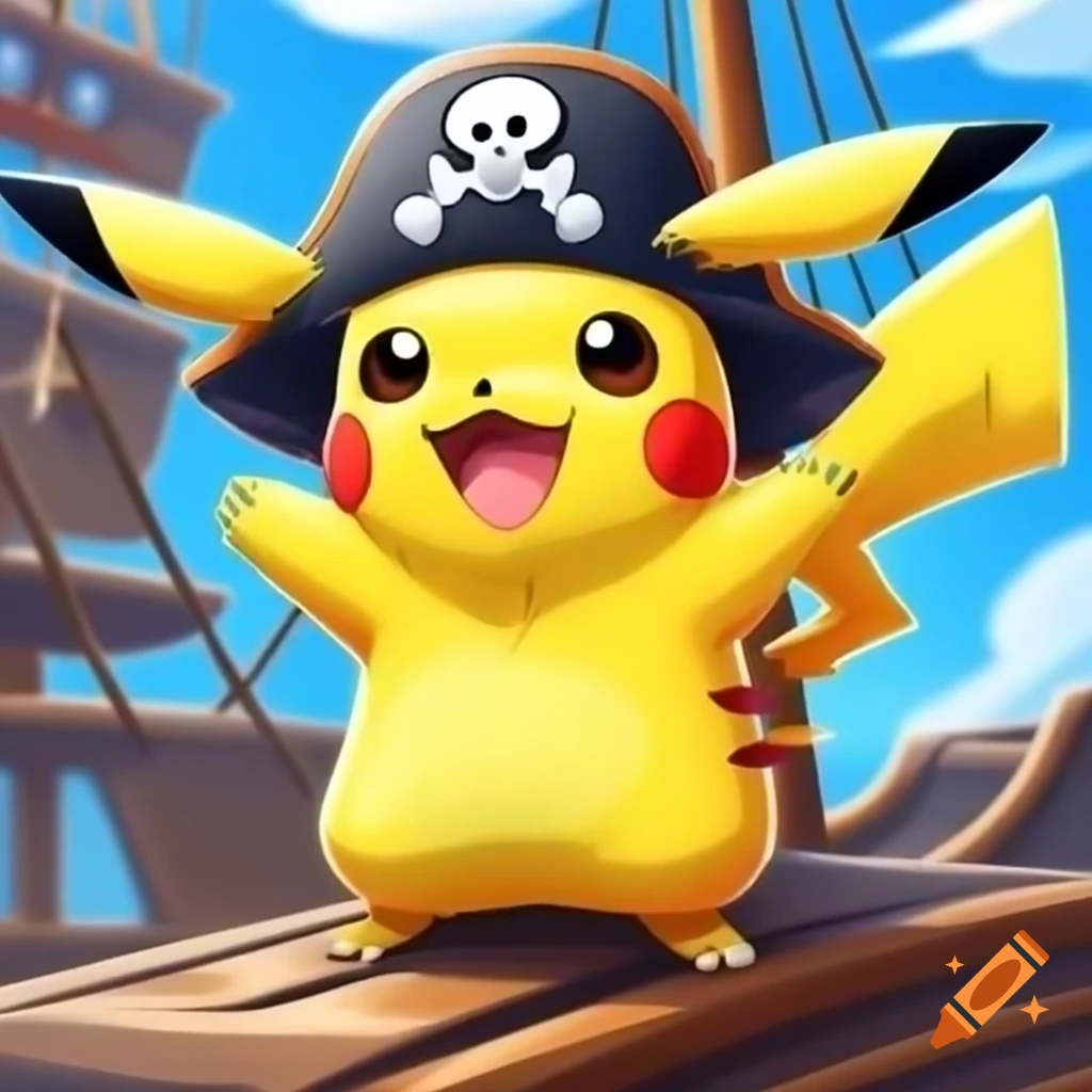 Pikachu wearing a pirate hat on a One Piece pirate ship on Craiyon