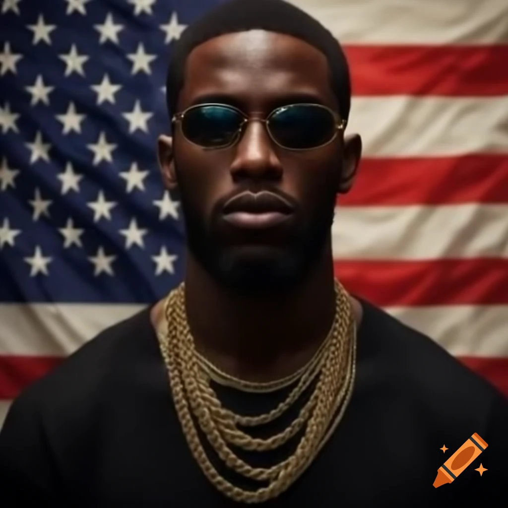 Close-up of man wearing gold chains in front of American flag on Craiyon