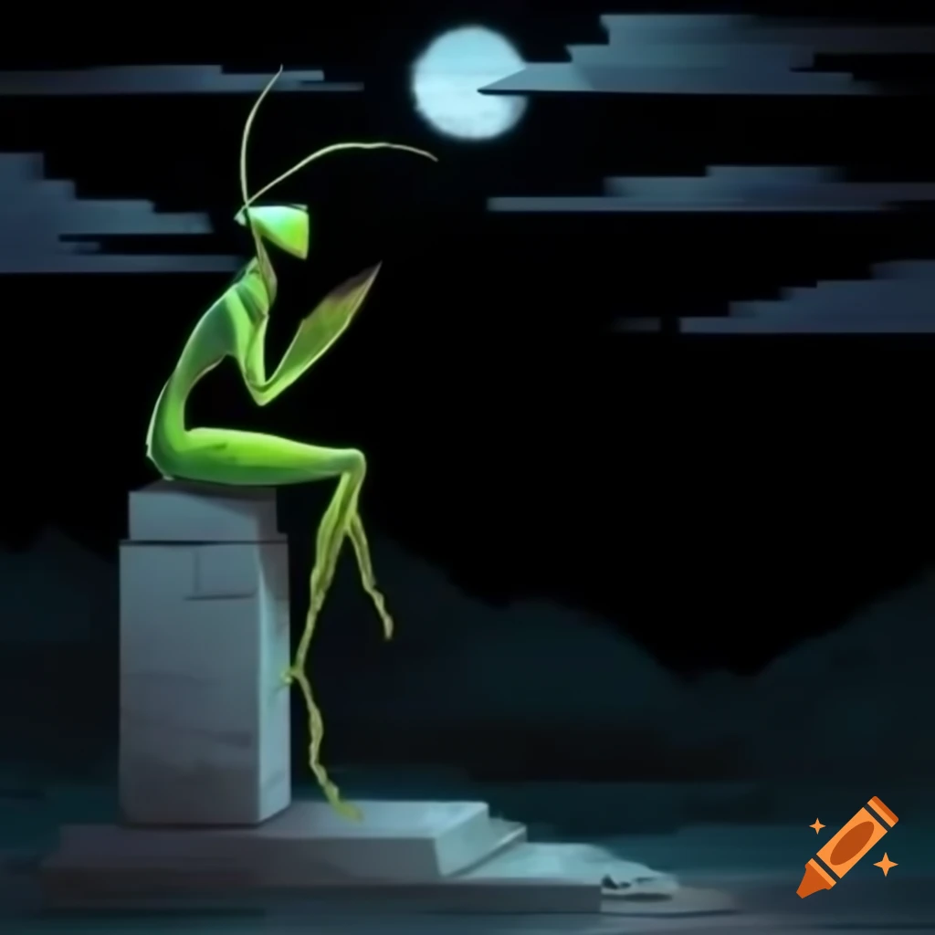 Humanlike green praying mantis holding a head on stone tomb under moon ...