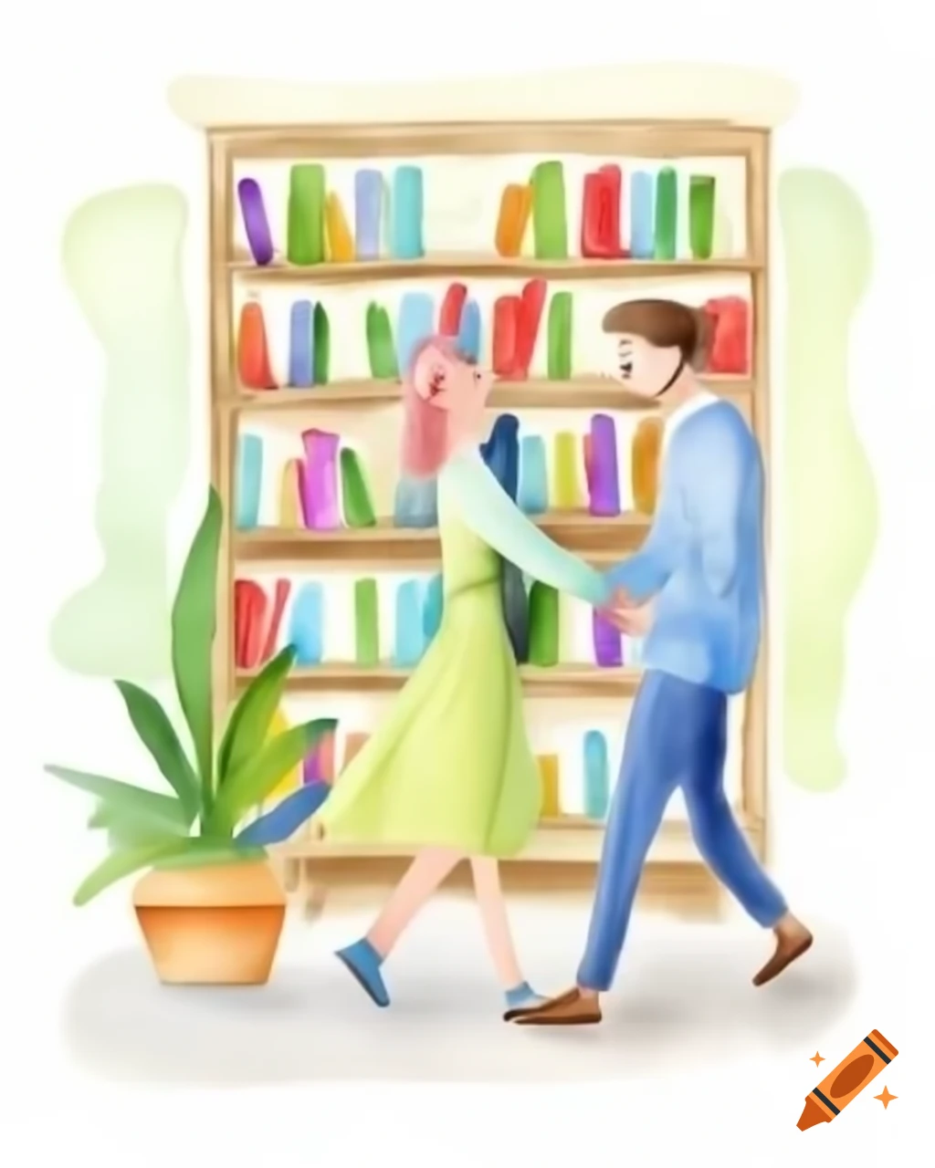 Librarian meets romantic novel character among library shelves on Craiyon