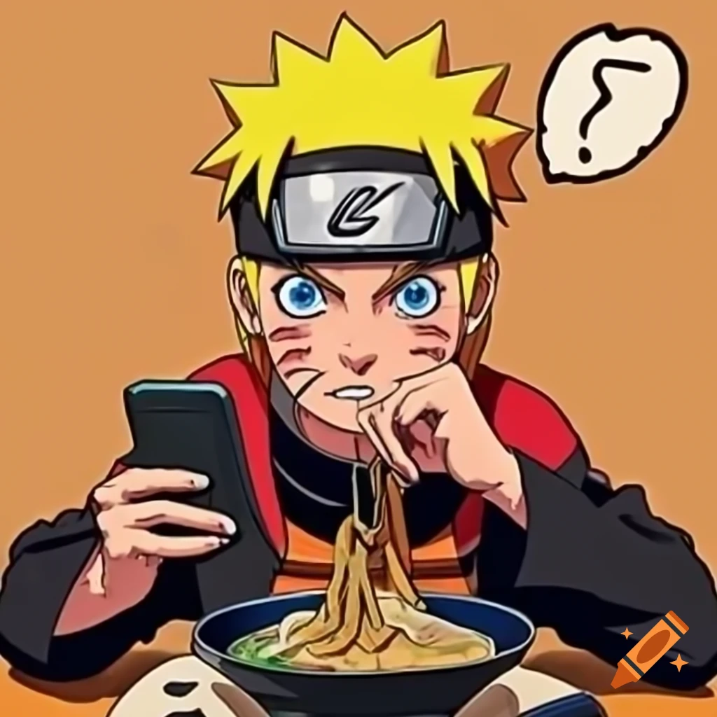 Naruto Uzumaki confused with smartphone and ramen cup, anime style on ...