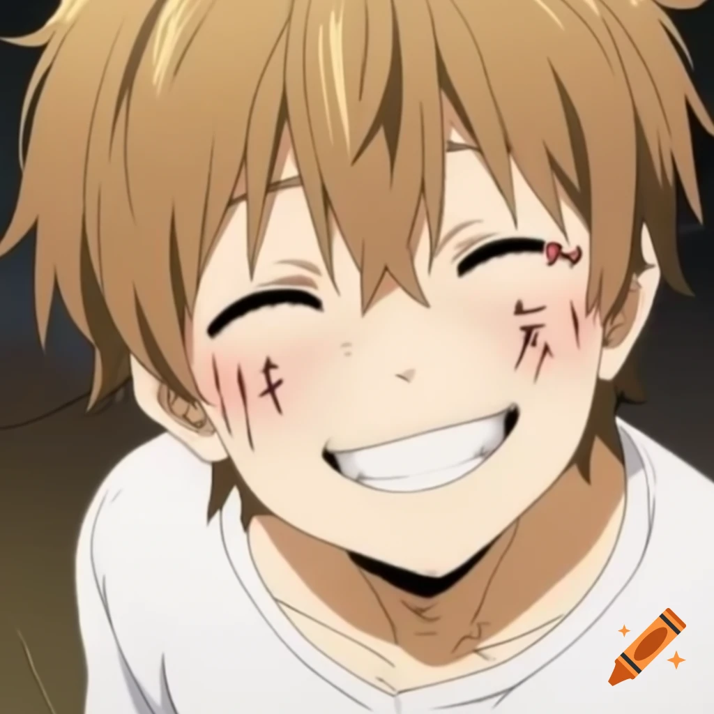 Anime boy with scar and two-tone hair smiling in white shirt on Craiyon
