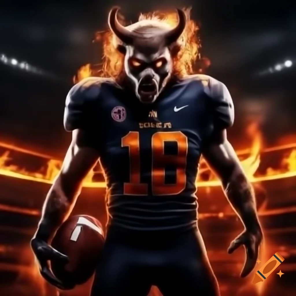 Demon football player with fiery eyes in burning stadium, creepy ...
