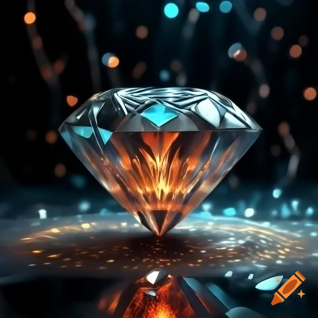 Glowing faceted diamonds in vibrant orange and blue against black ...