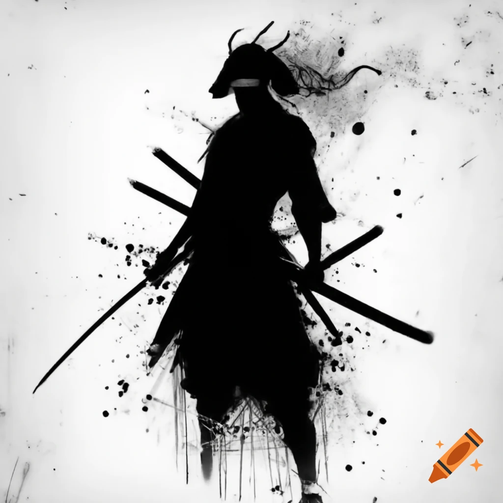 Silhouette of Samurai Ronin with katanas in Japanese splatter style on ...