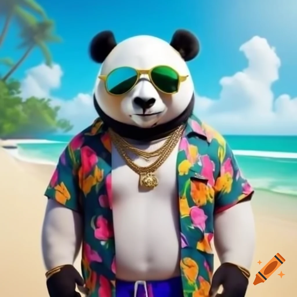 Kung Fu Panda as a rapper in Hawaiian shirt on tropical beach on Craiyon