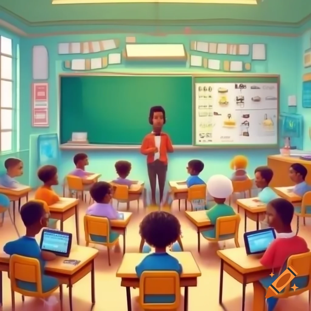 Cartoon classroom with diverse students and teacher presenting computer ...